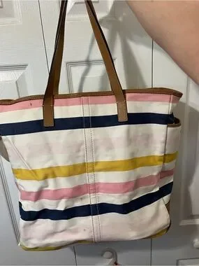 Coach | Bags | Coach F28523 Hadley Multicolor Canvas Stripe Tan Leather ...